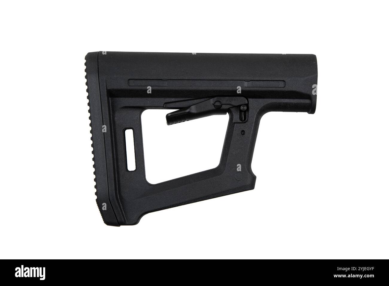 Black adjustable rifle stock, commonly used in firearms for stability ...