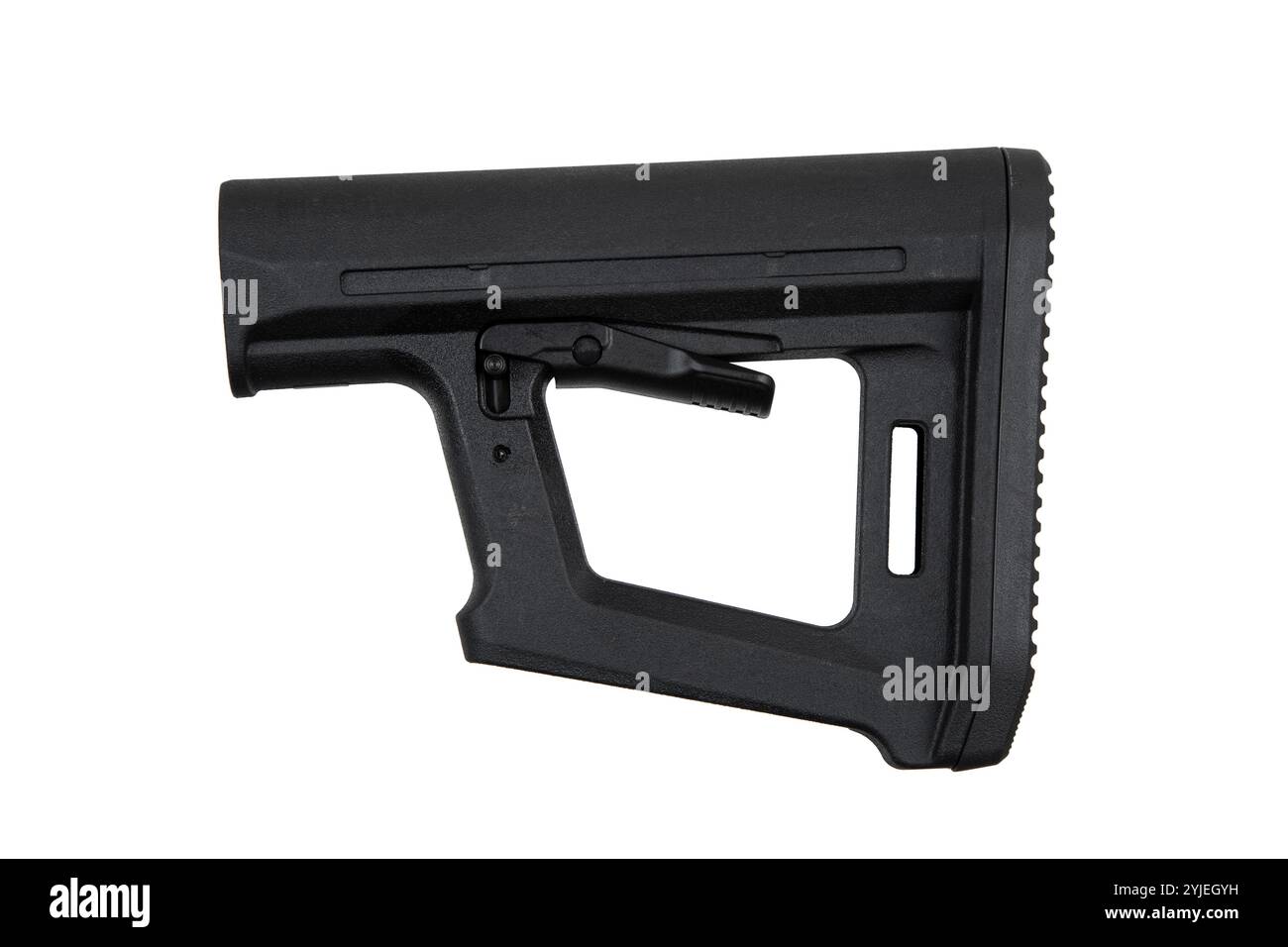 Black adjustable rifle stock, commonly used in firearms for stability ...