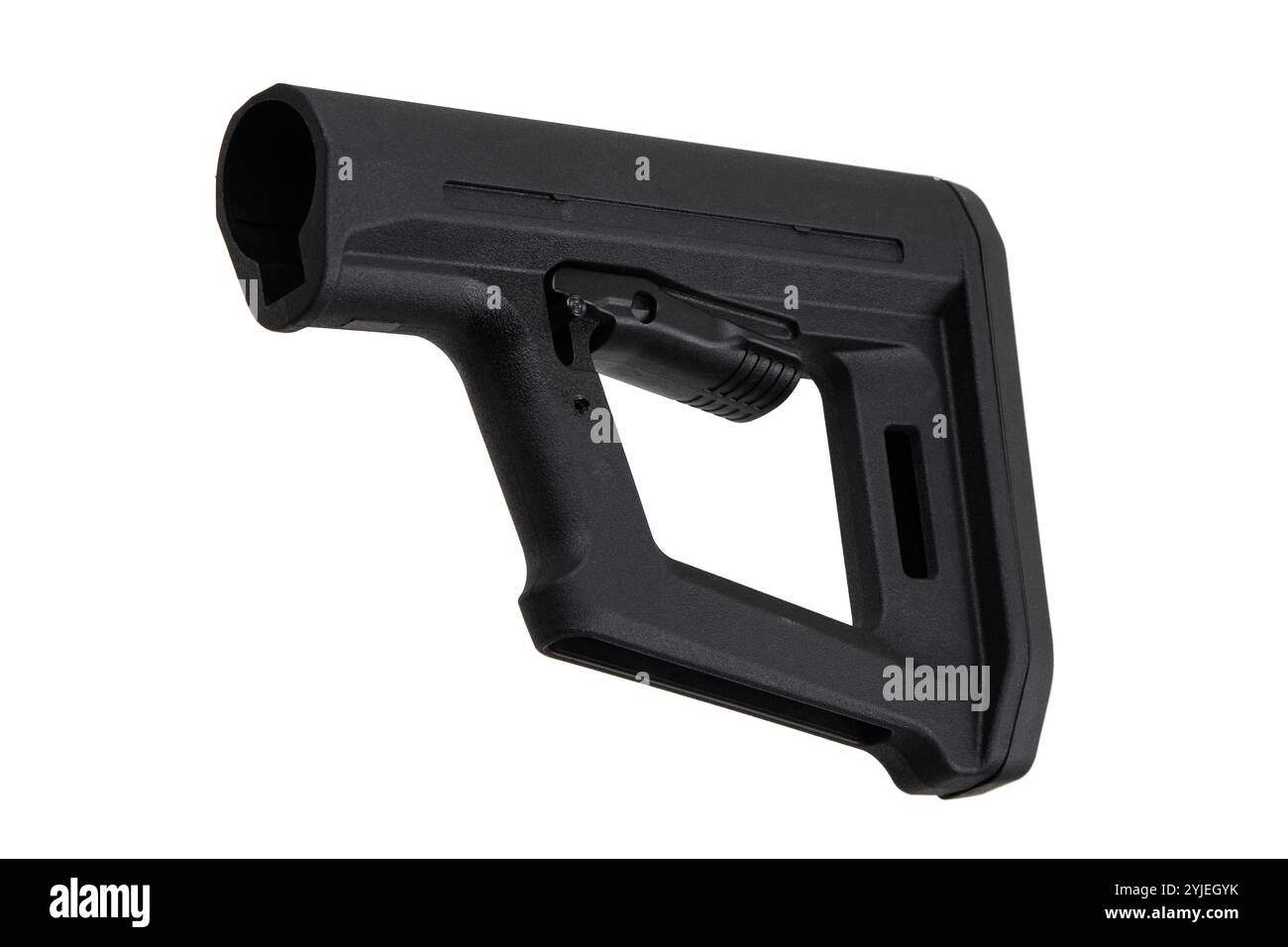 Black adjustable rifle stock, commonly used in firearms for stability ...