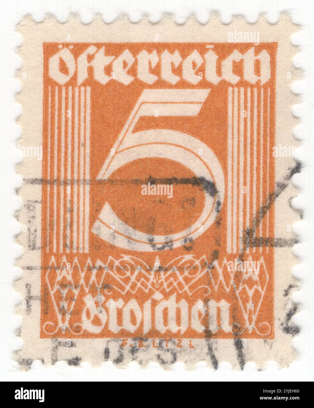 AUSTRIA - 1925 June 01: 5 groschen postage stamp depicting Numeral of ...