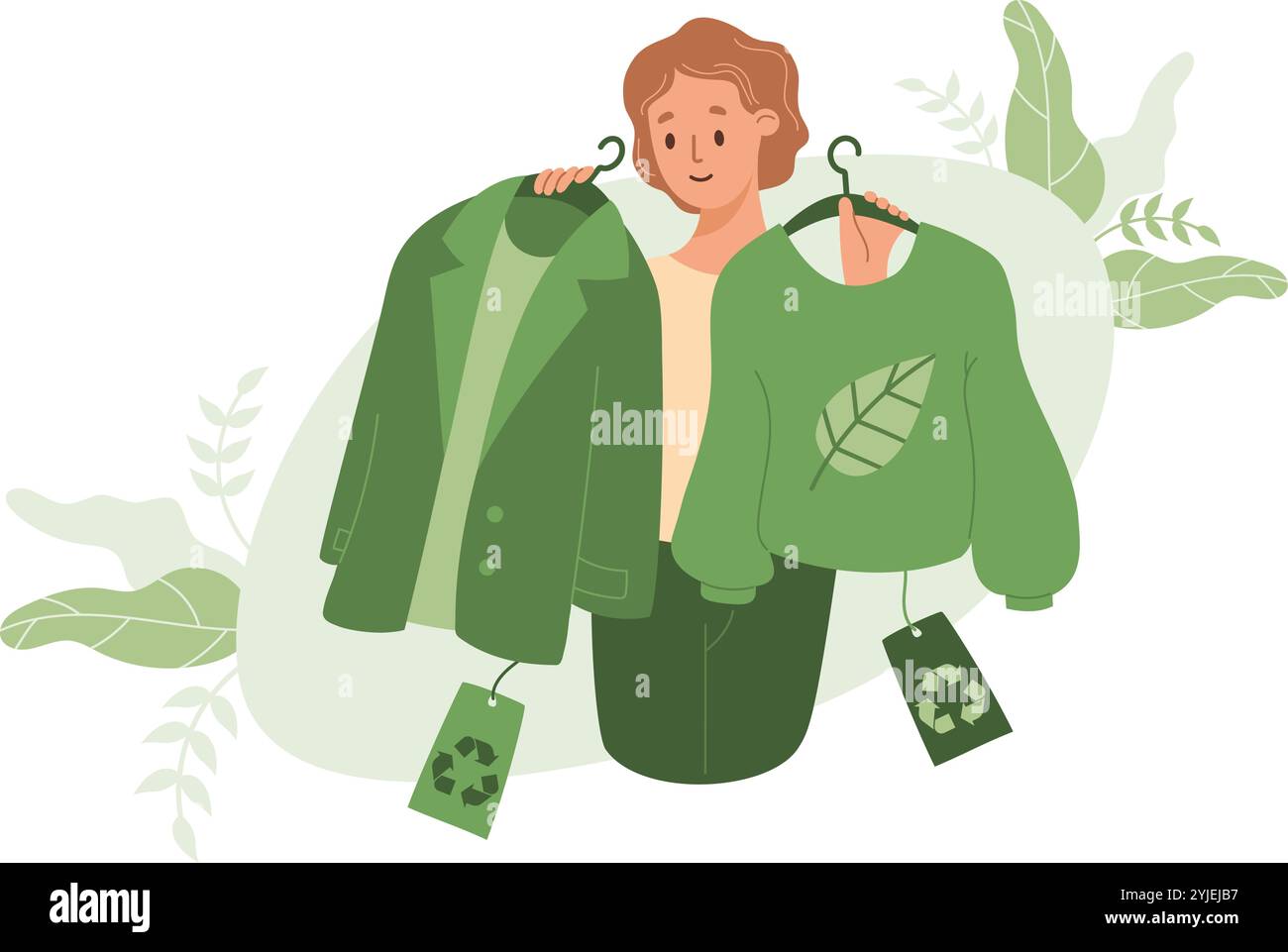 Eco friendly clothing sustainable fashion. Woman buying recycling ...