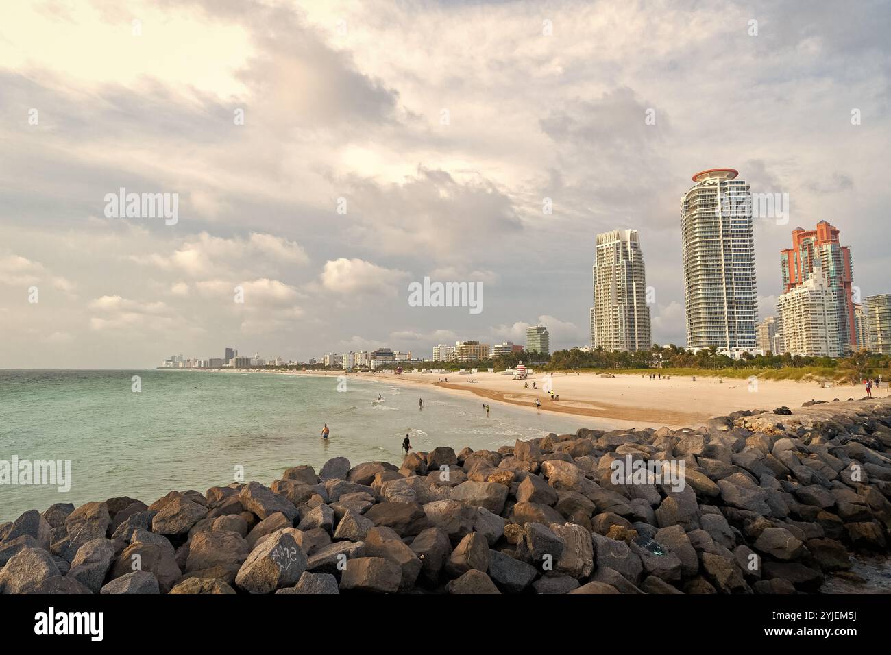 Miami, USA - April 19, 2021: sea beach and cityscape. Beach resort on ...