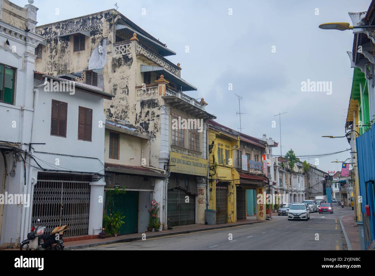 Historic commercial buildings on Jalan Kampung Pantai Street in historic city center of Melaka ...