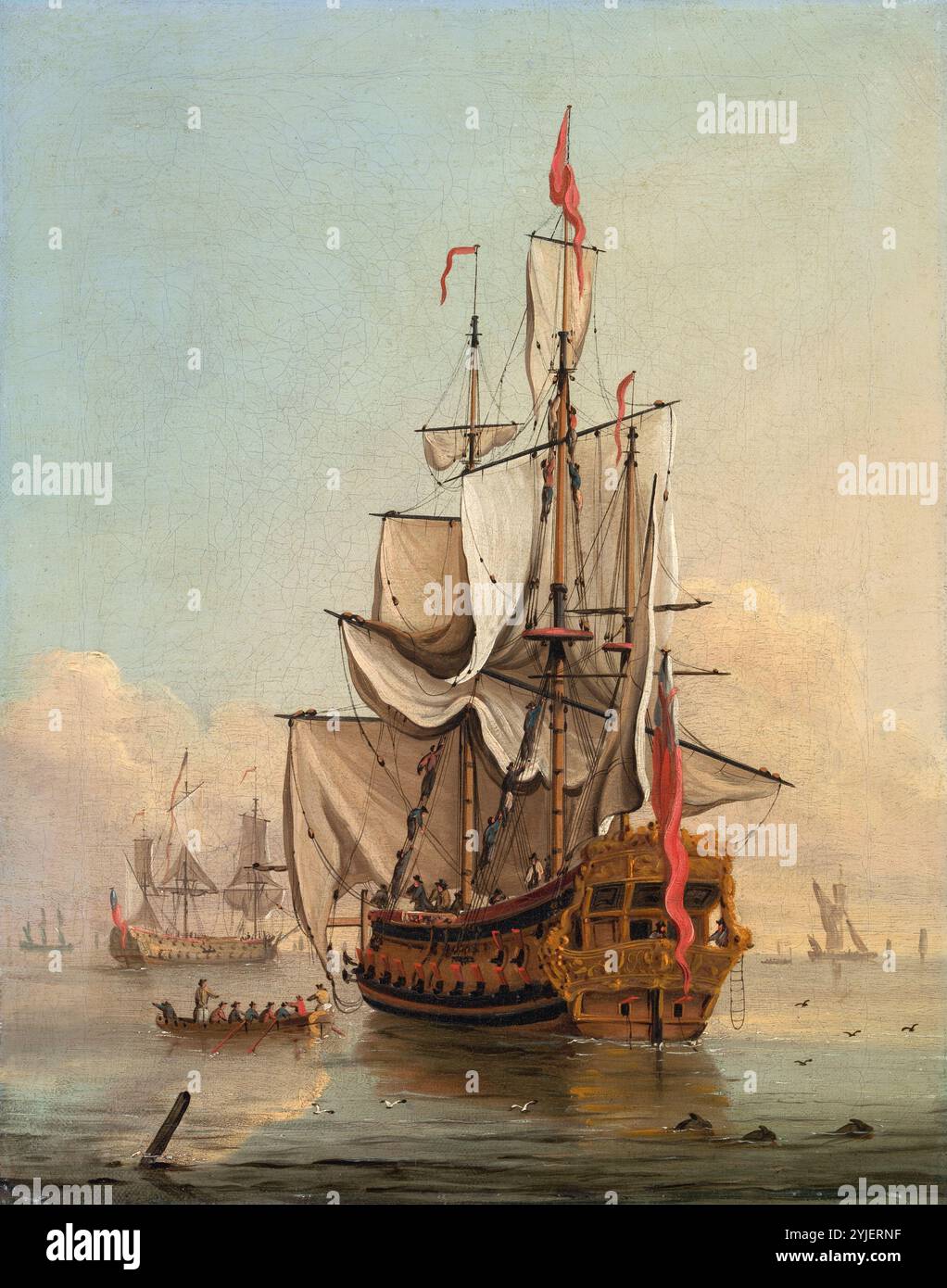 Oil painting of Shipping in a Calm, British Men of war with Royal Navy ...