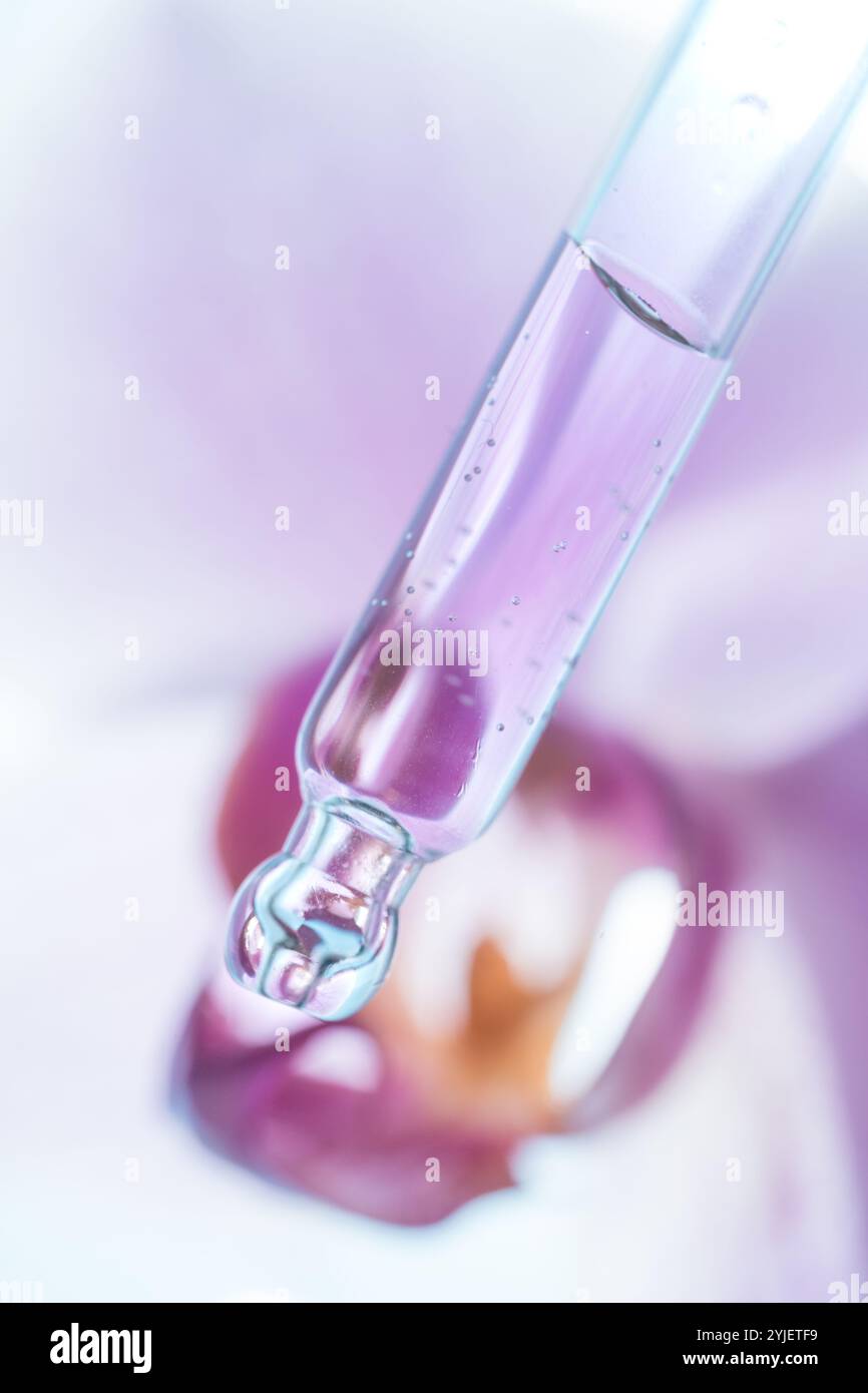 Close-Up of Pipette Dropping Liquid on Orchid Flower. Skincare Concept ...