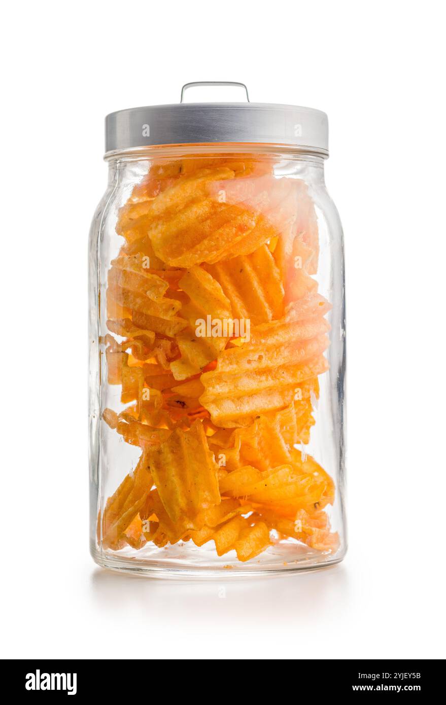 Crispy potato chips in jar isolated on a white background Stock Photo ...