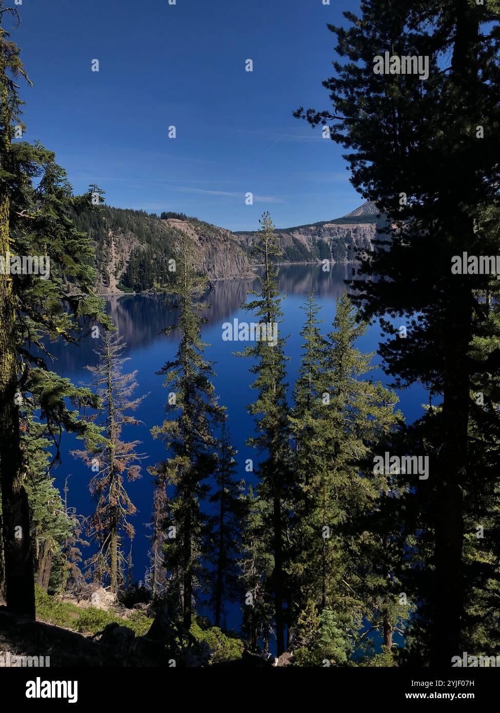 Crater lake viewed through trees Stock Photo - Alamy