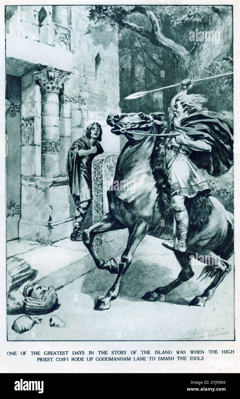 The priest Coifi destroys the pagan British idols after his conversion ...