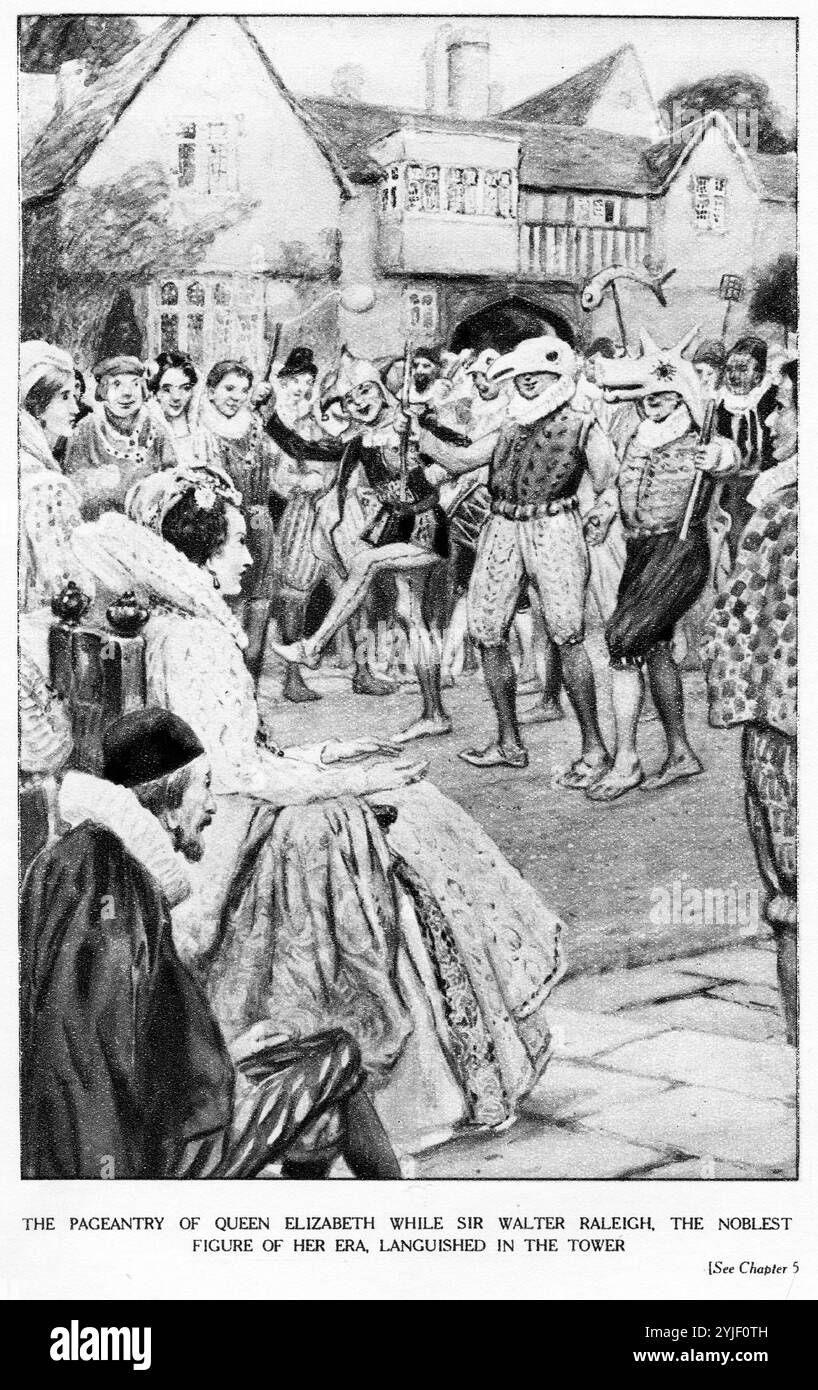 Halftone of Queen Elizabeth being entertained while Sir Walter Raleigh ...