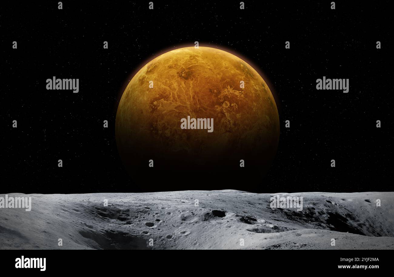 Moon and planet Venus. Moon surface with craters. View of planet Venus ...
