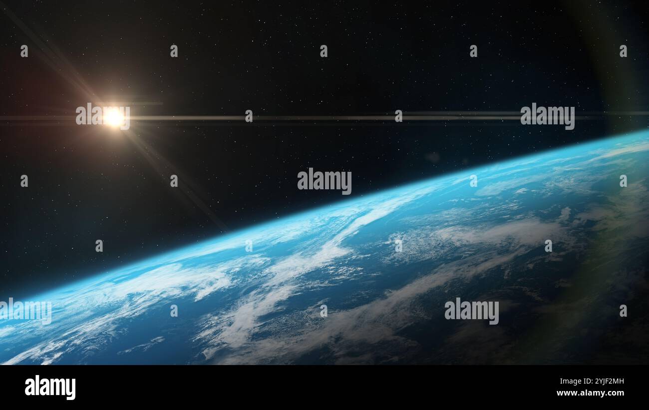 Amazing blue planet Earth with world ocean and clouds in outer space on ...