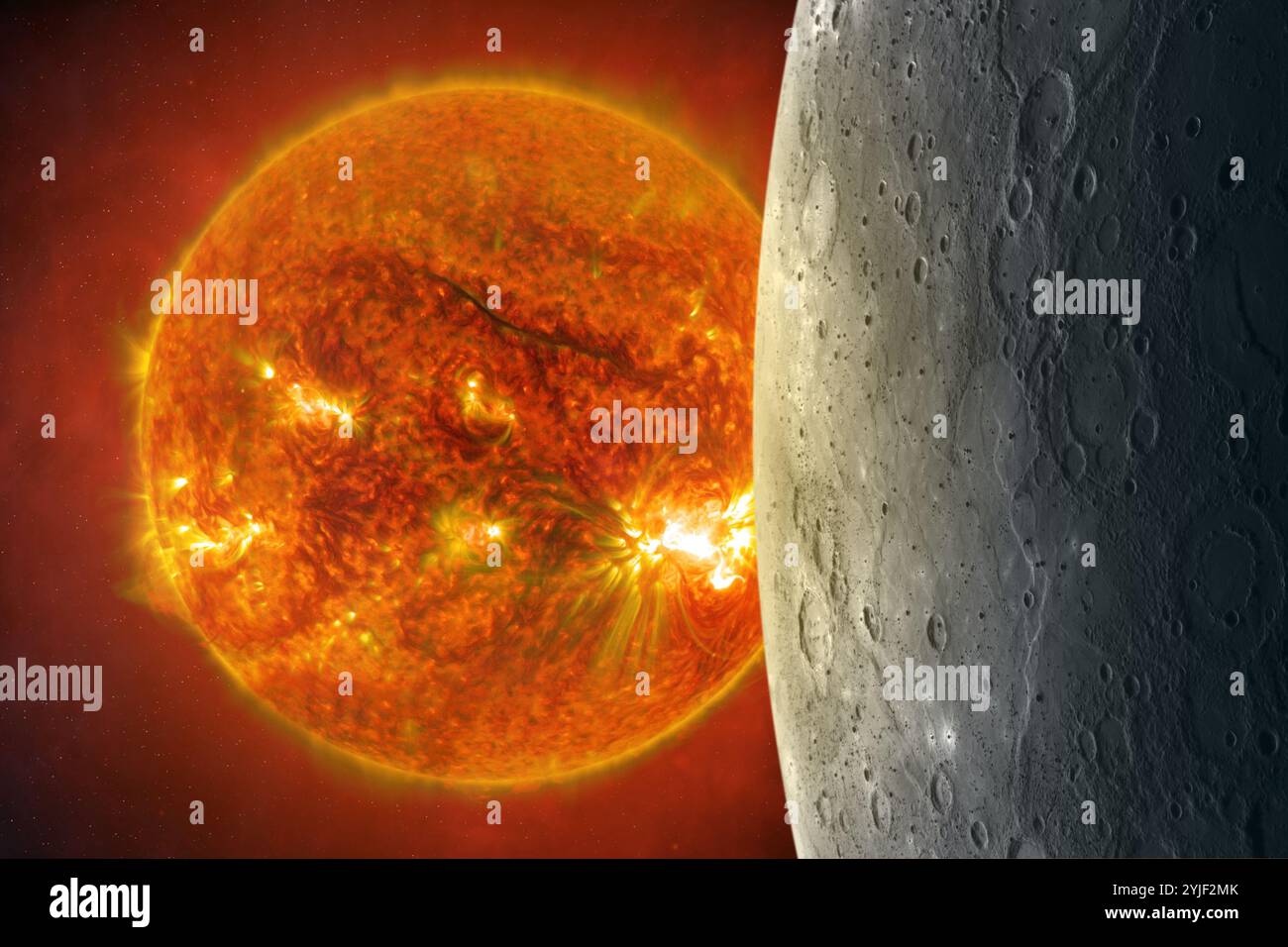 Mercury - solar system planet. View of the planet Mercury and Sun from space. Terrestrial ...