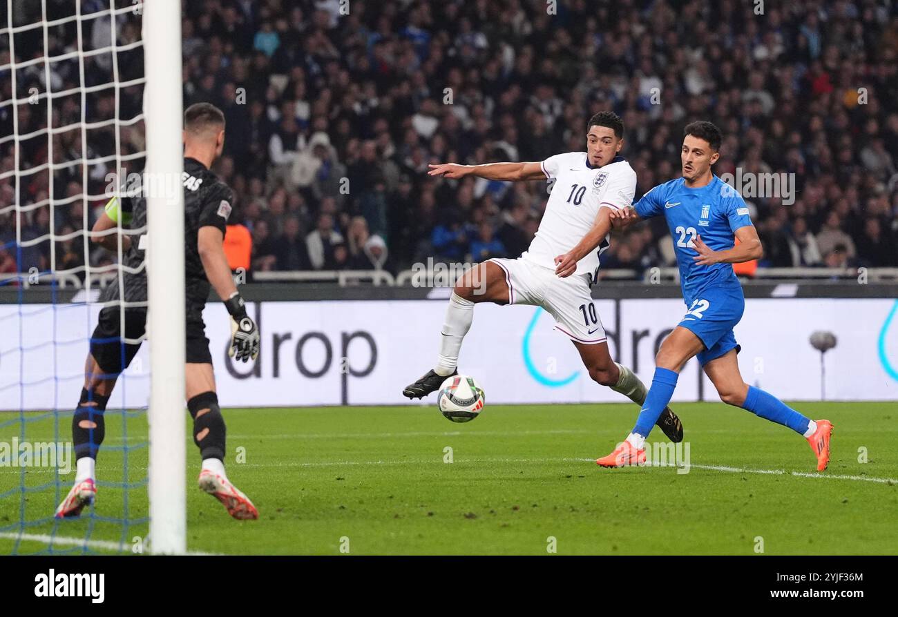 England's Jude Bellingham bears down on goal, under pressure from ...