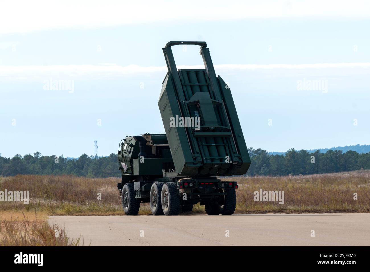 An M142 High Mobility Artillery Rocket System (HIMARS) simulates a ...