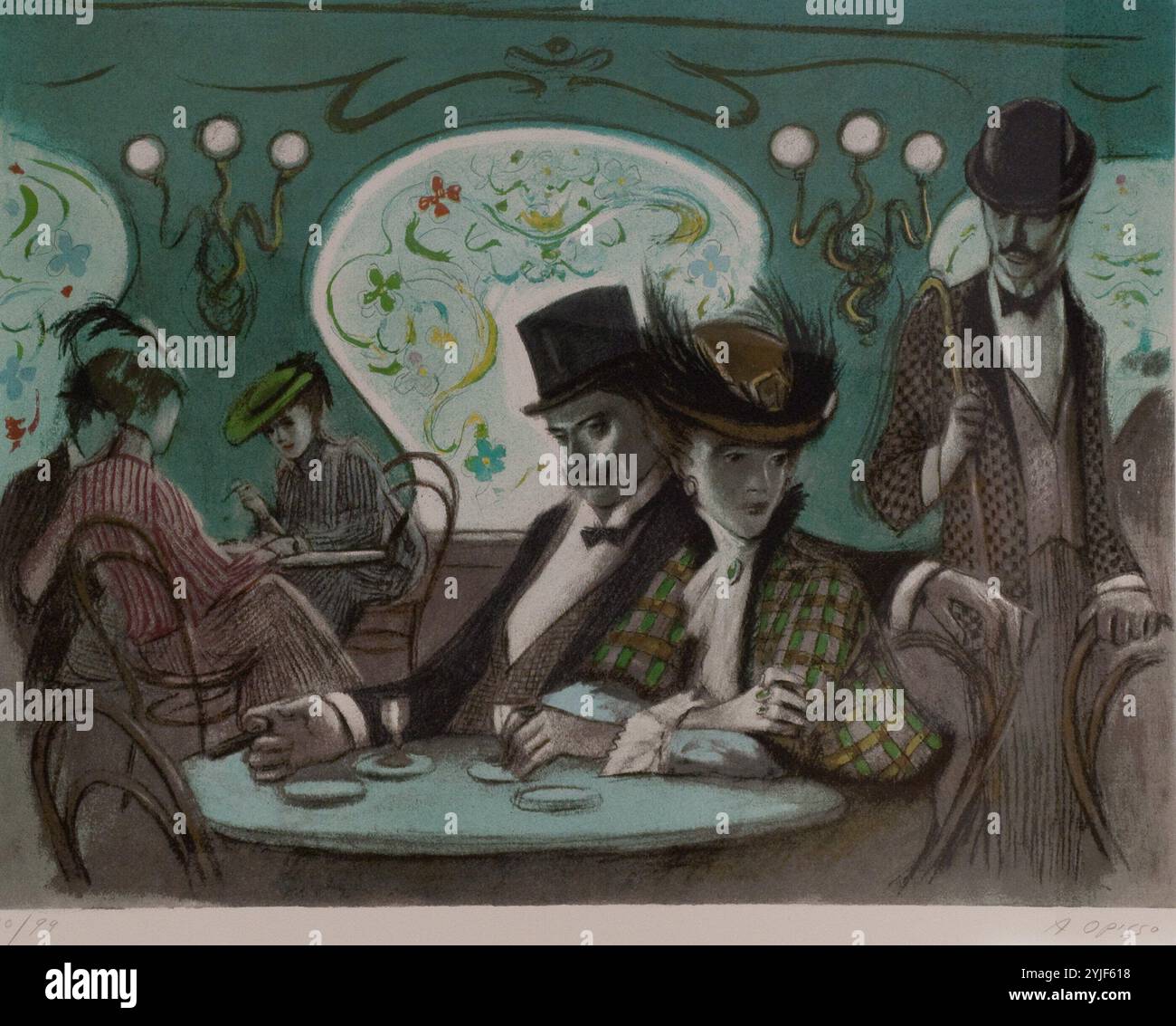 Alfredo Opisso / "Paris´s coffee", S.XX, Lithography, 48 x 63,5 cm ...
