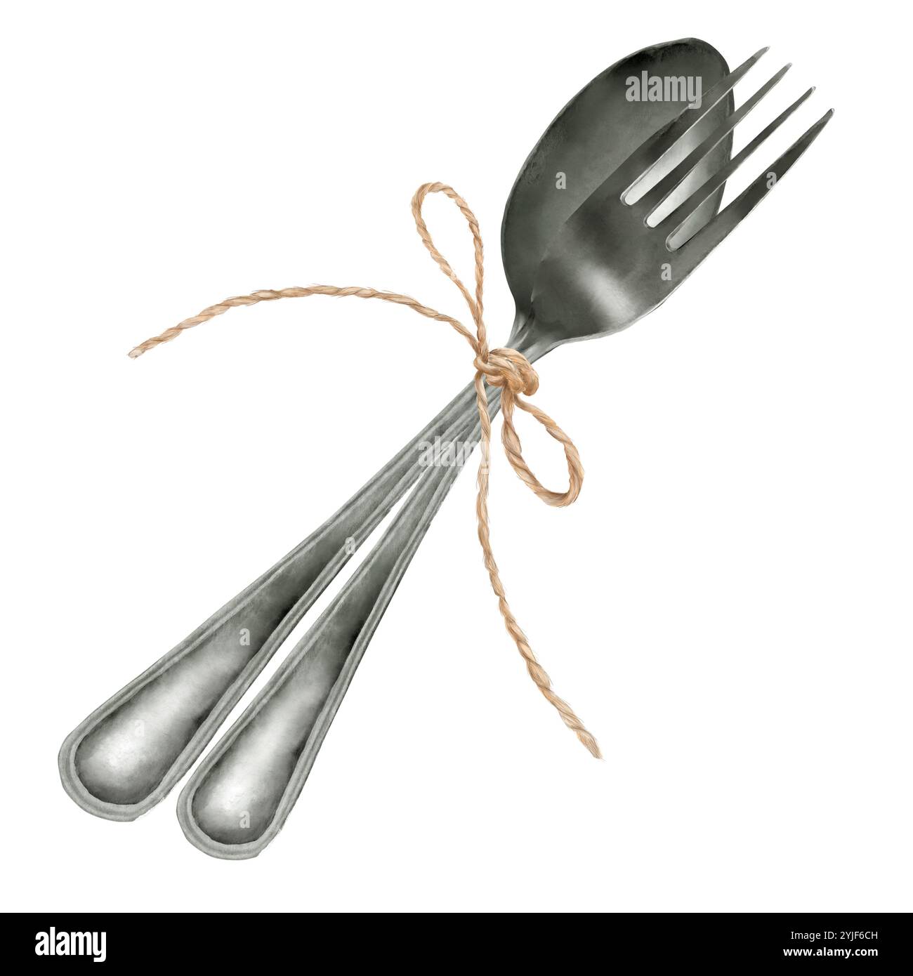 Fork and spoon tied with string. Cutlery set isolated on white ...