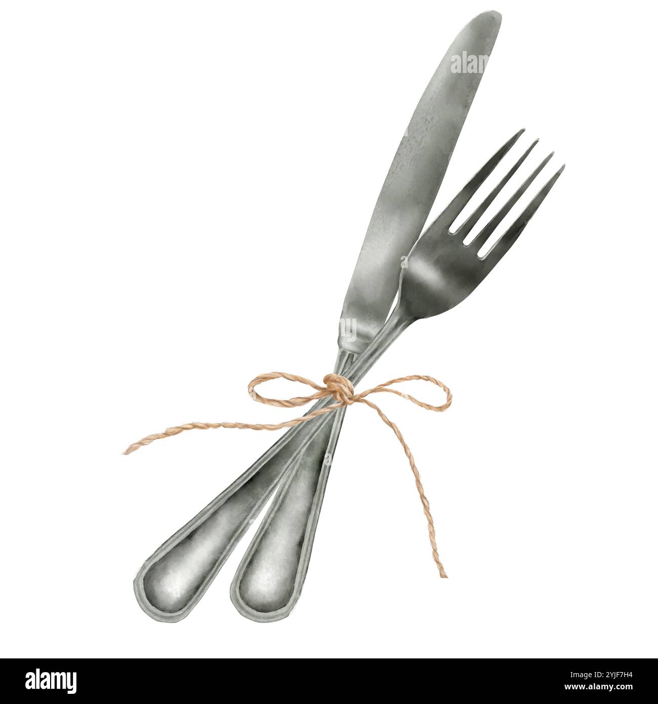 Fork and knife tied with string. Cutlery set isolated on white ...