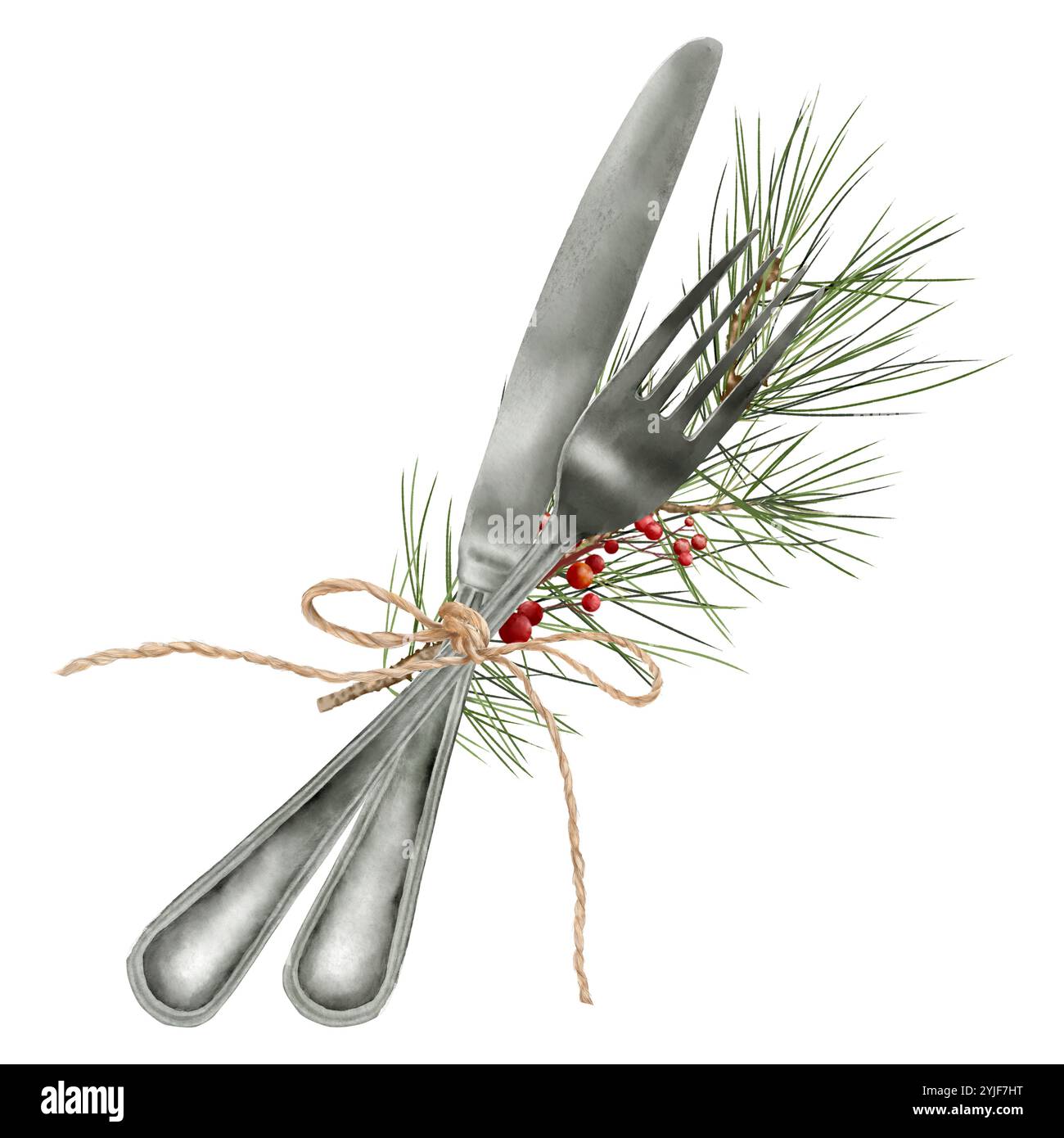 Fork and knife tied with string. Watercolor digital illustration. Set ...