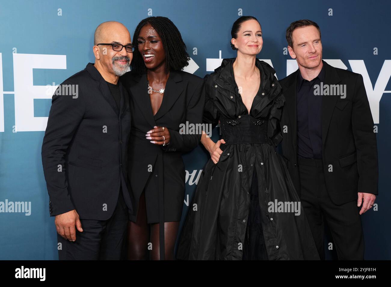 Jeffrey Wright, from left, Jodie Turner-Smith, Katherine Waterston and Michael Fassbender pose ...