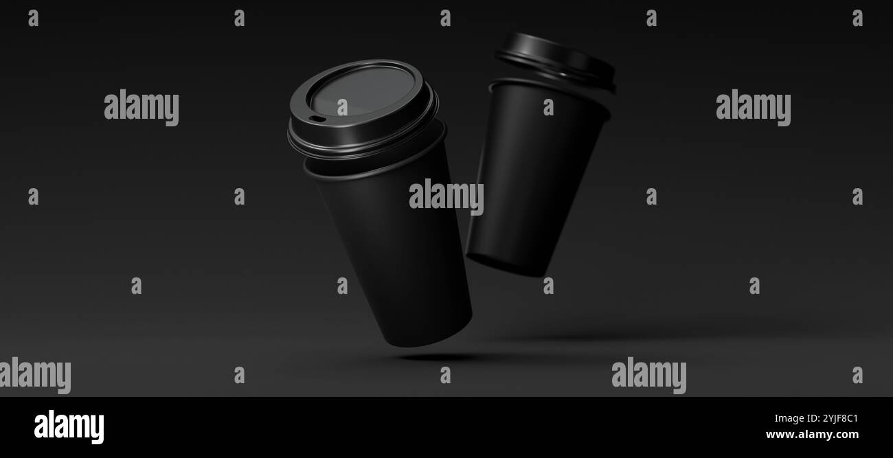 Two Minimalist black Blank Paper Coffee Cup with open lid floating ...