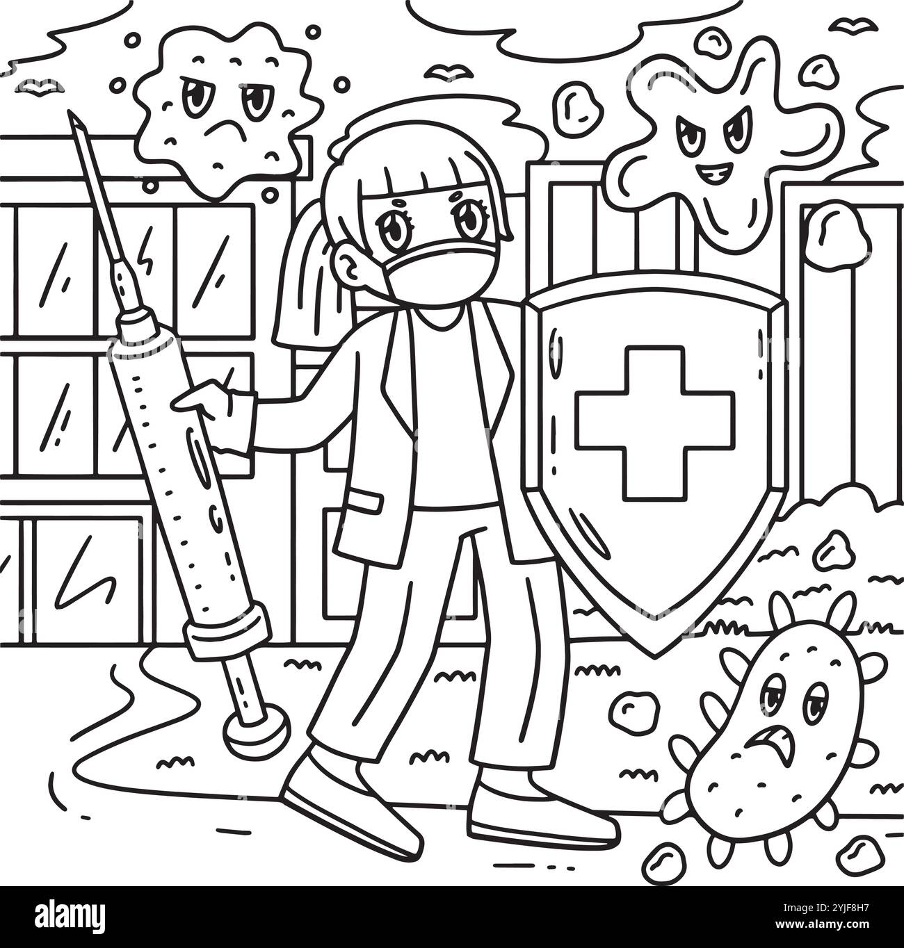 Female Doctor Holding Shield for Bacteria Coloring Stock Vector Image ...