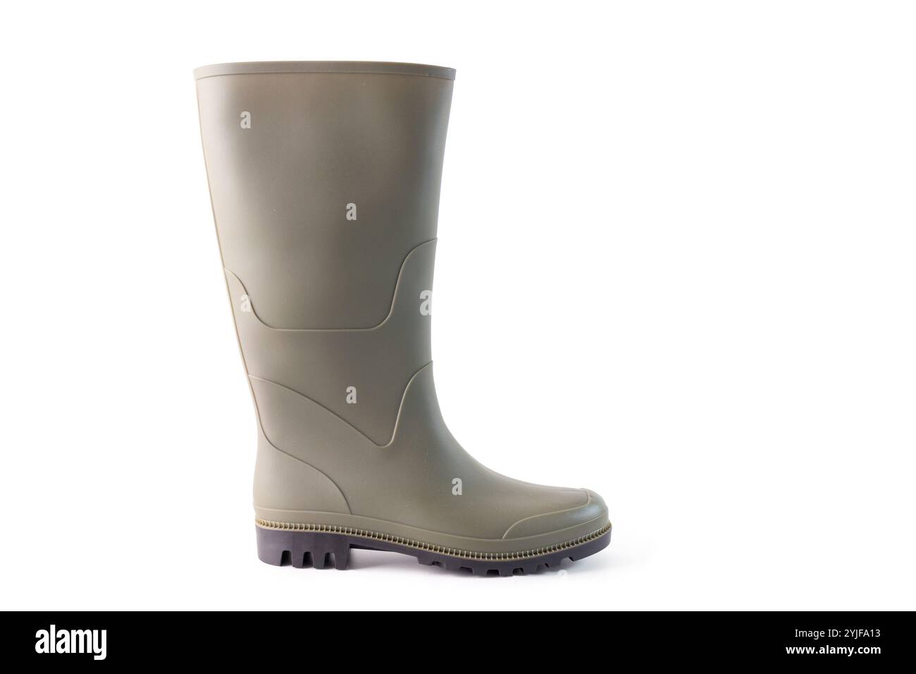 Olive green wellington boot, smooth surface, textured sole, perfect for ...