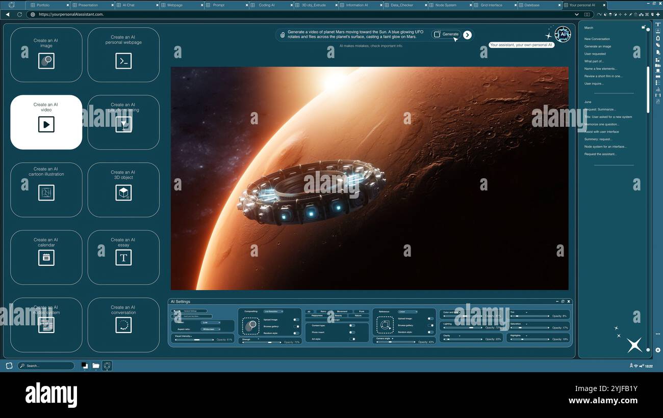 Generative model software producing AI generated video of UFO orbiting above planet. Artificial ...