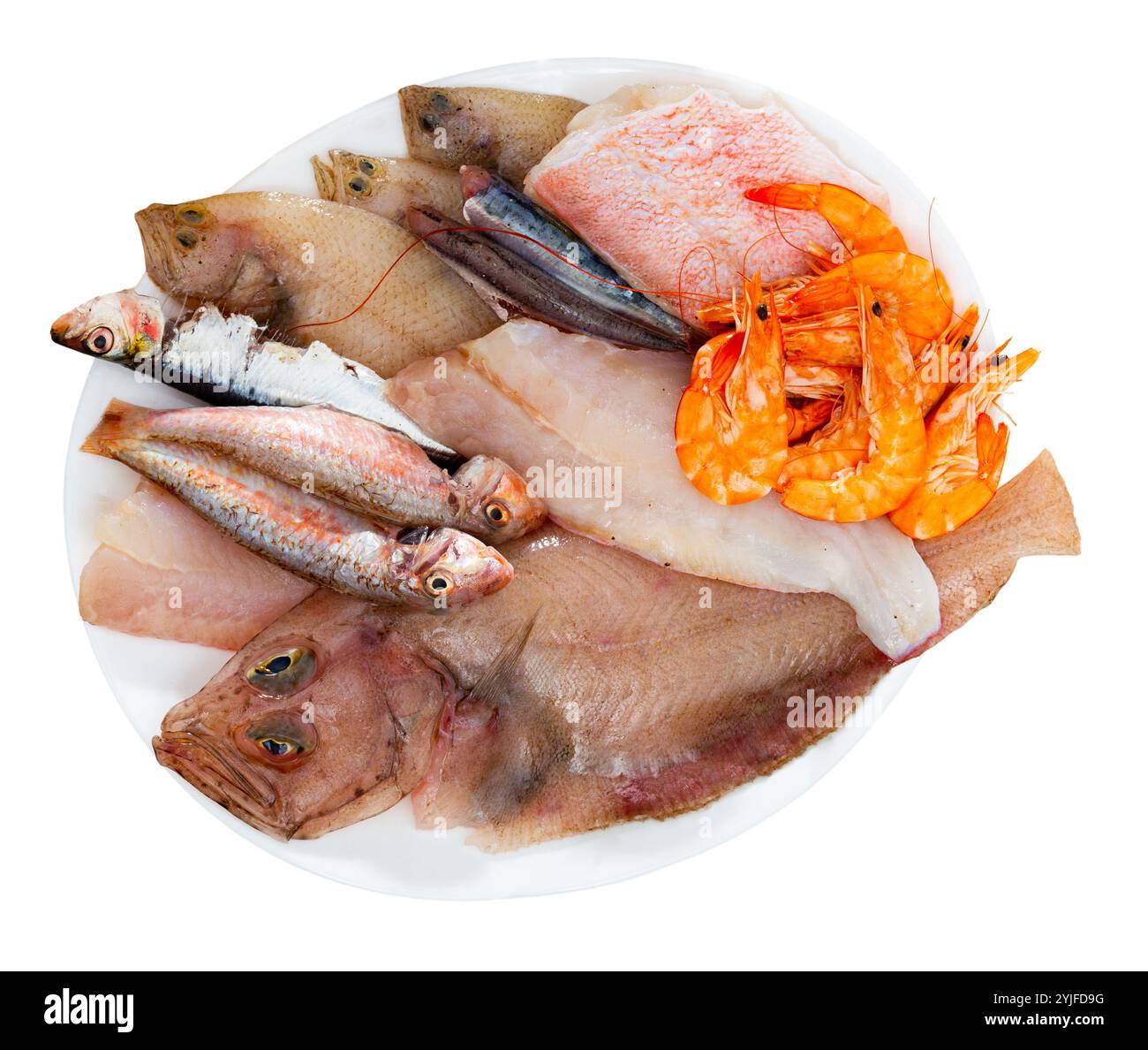Mix of fish with shrimp served on platter Stock Photo - Alamy