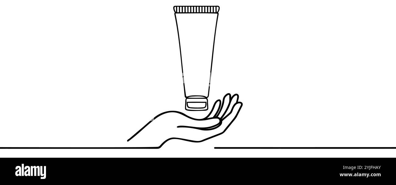 Continuous one line drawing of hand holds cosmetic bottle cream. Line ...