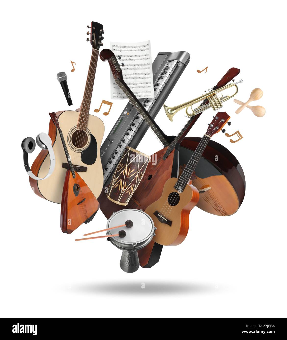 Different musical instruments in air on white Stock Photo - Alamy
