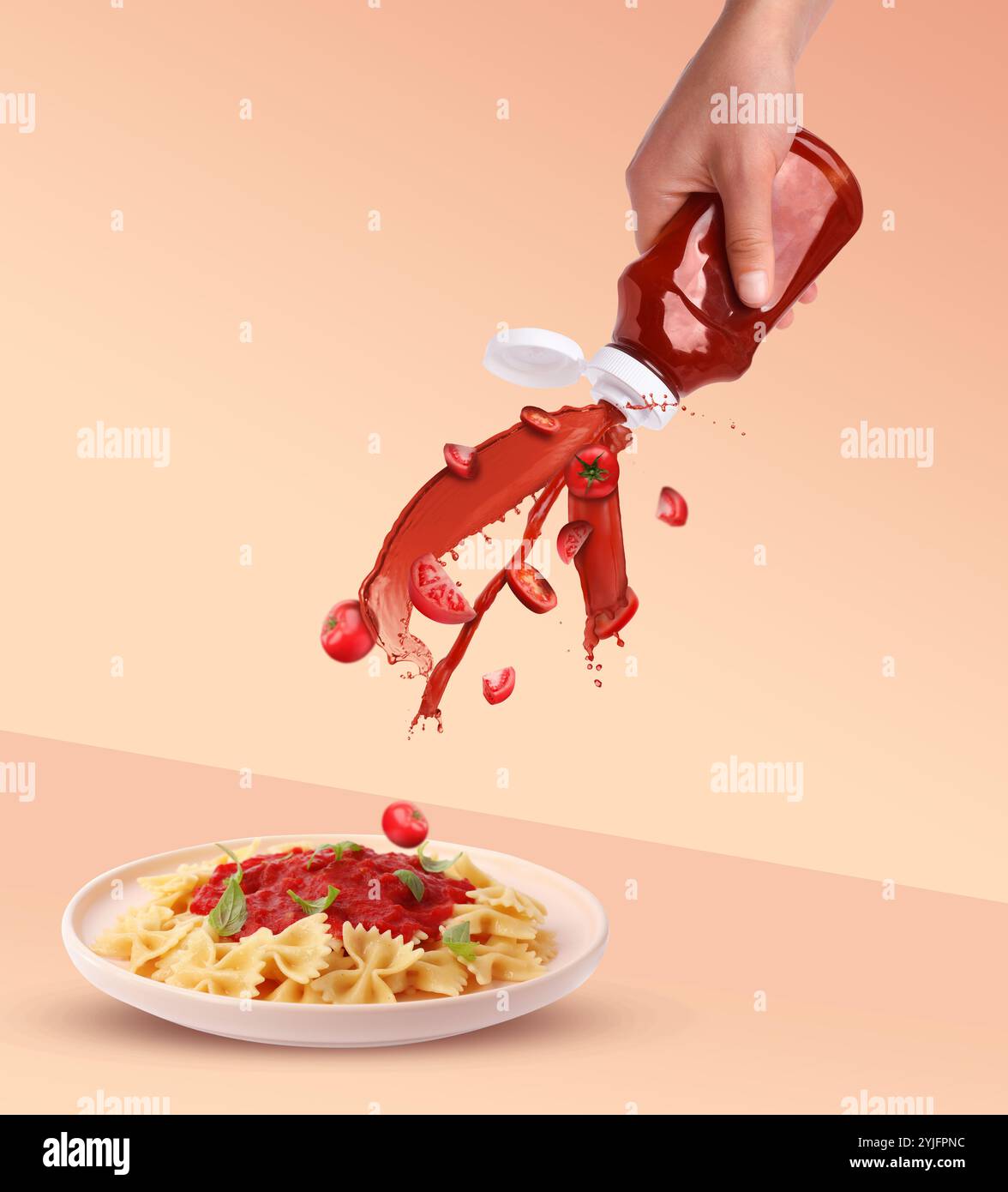 Ketchup bursting out of bottle, creative collage. Woman adding sauce to ...