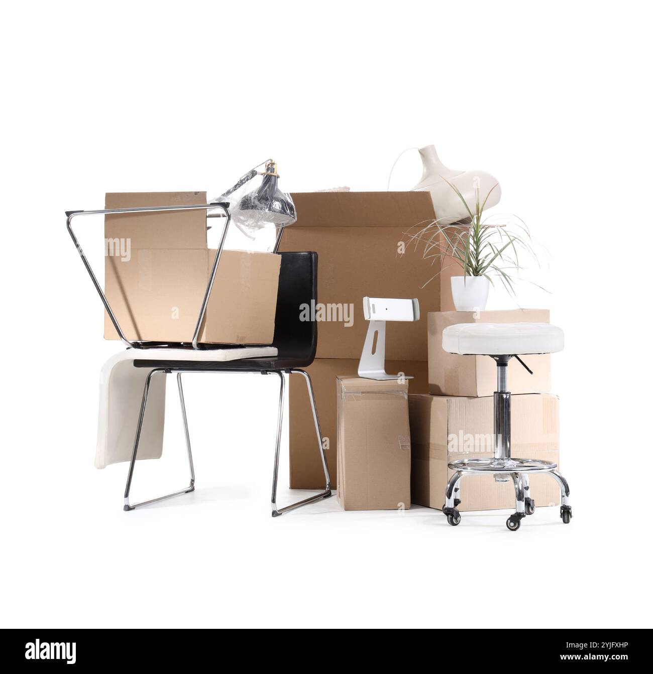 Cardboard boxes with chairs and office stuff isolated on white ...