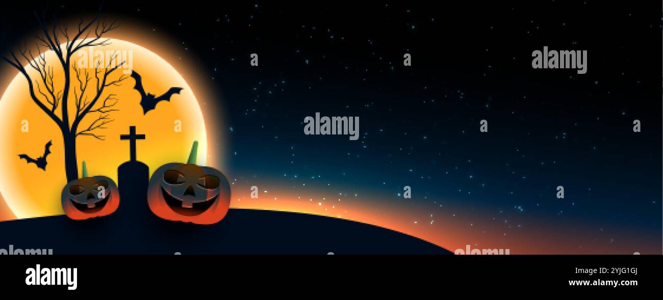 spooky halloween scary night scene banner design Stock Vector Image ...