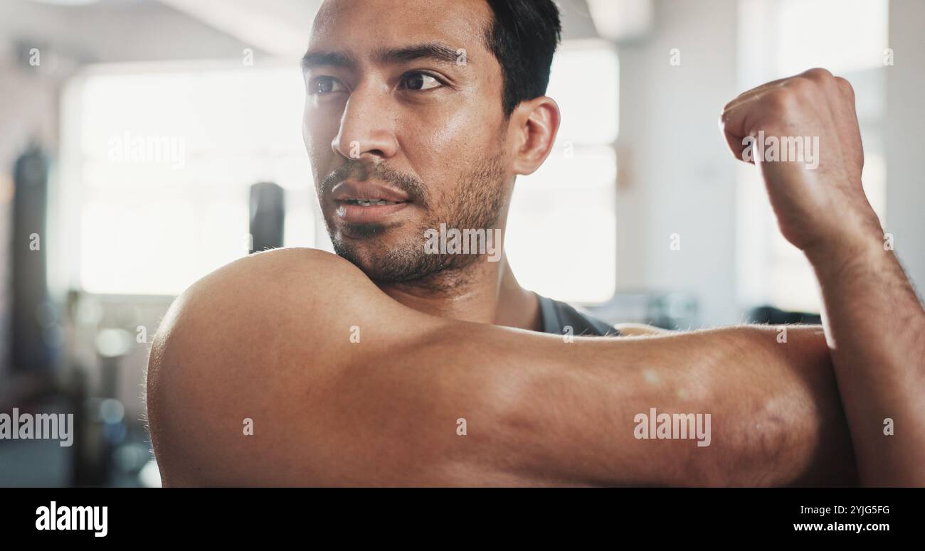 Gym, asian man and arms with stretching for fitness, flexibility and ...