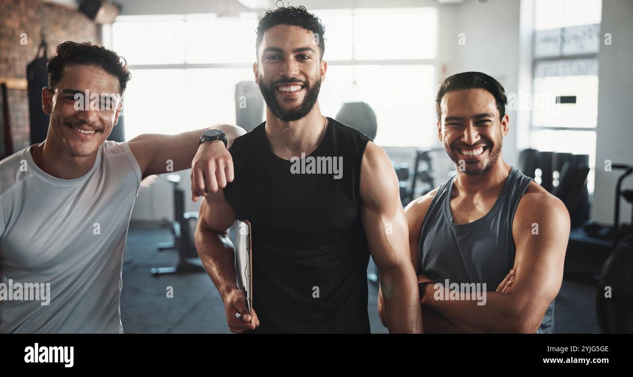 Fitness, men and friends with portrait at gym for training teamwork ...