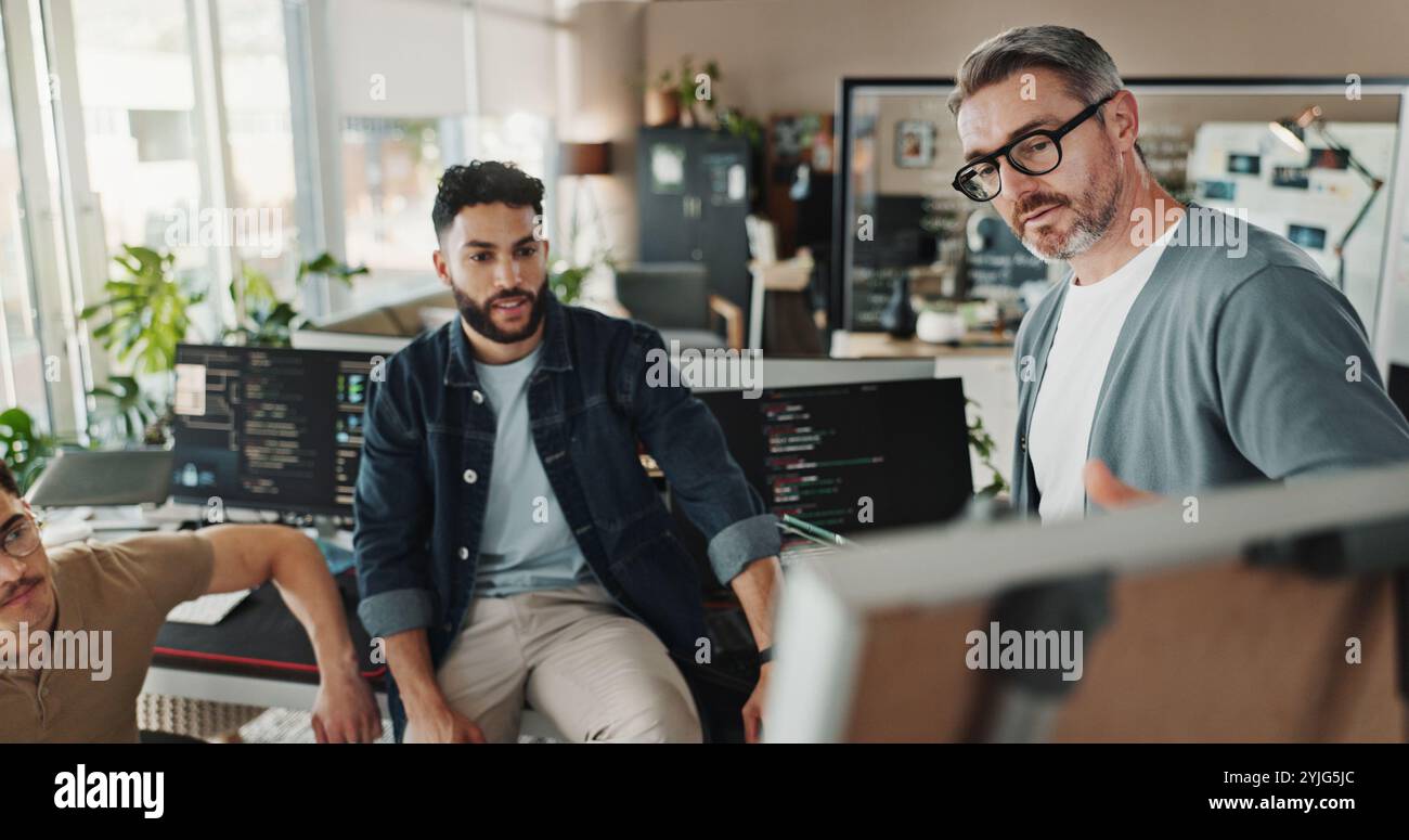 Programmer, teamwork and presentation with business people in office for website developer ...