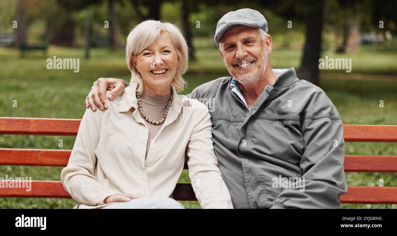 Senior couple, hug and portrait in park for bonding, conversation and commitment together ...