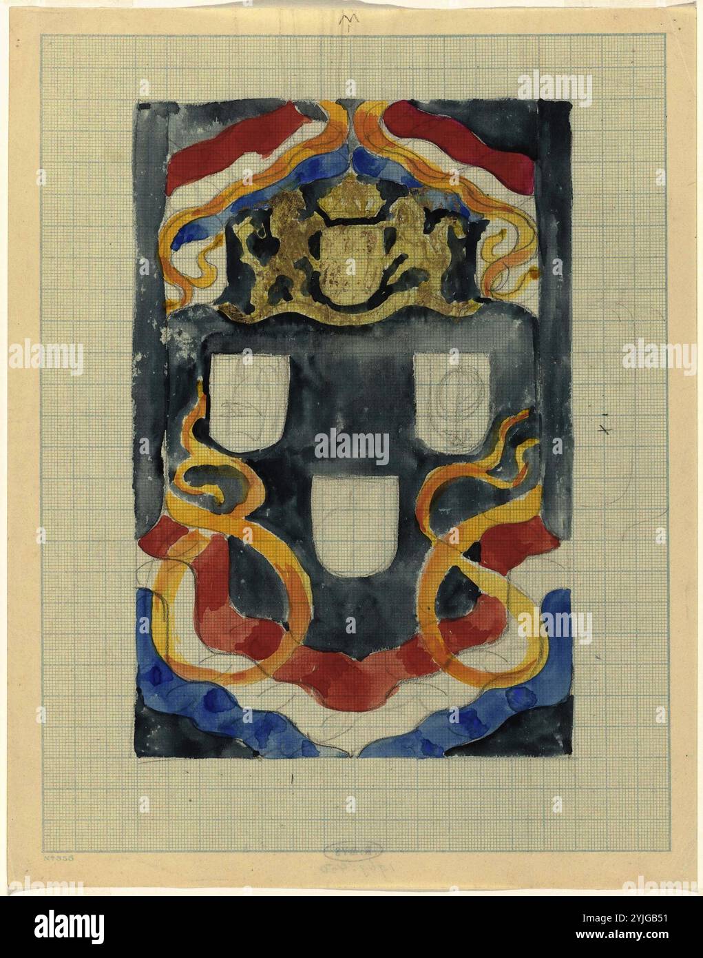 Decorative design with the national coat of arms, flags and banners ...