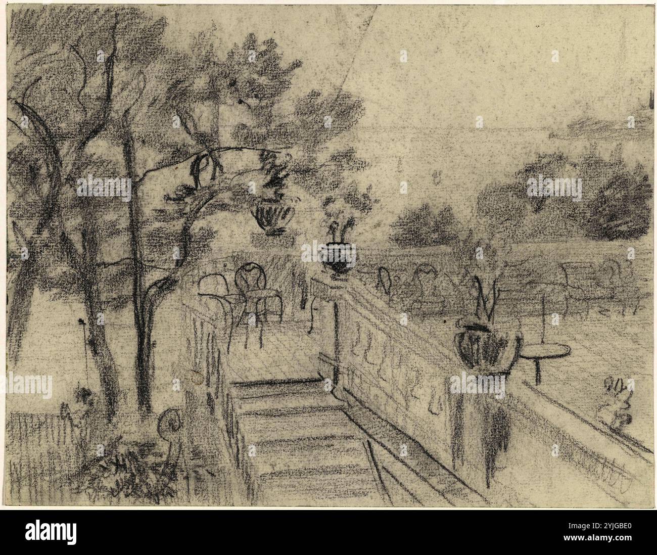 Terrace with stairs to a garden. Draughtsman: Carel Adolph Lion Cachet ...