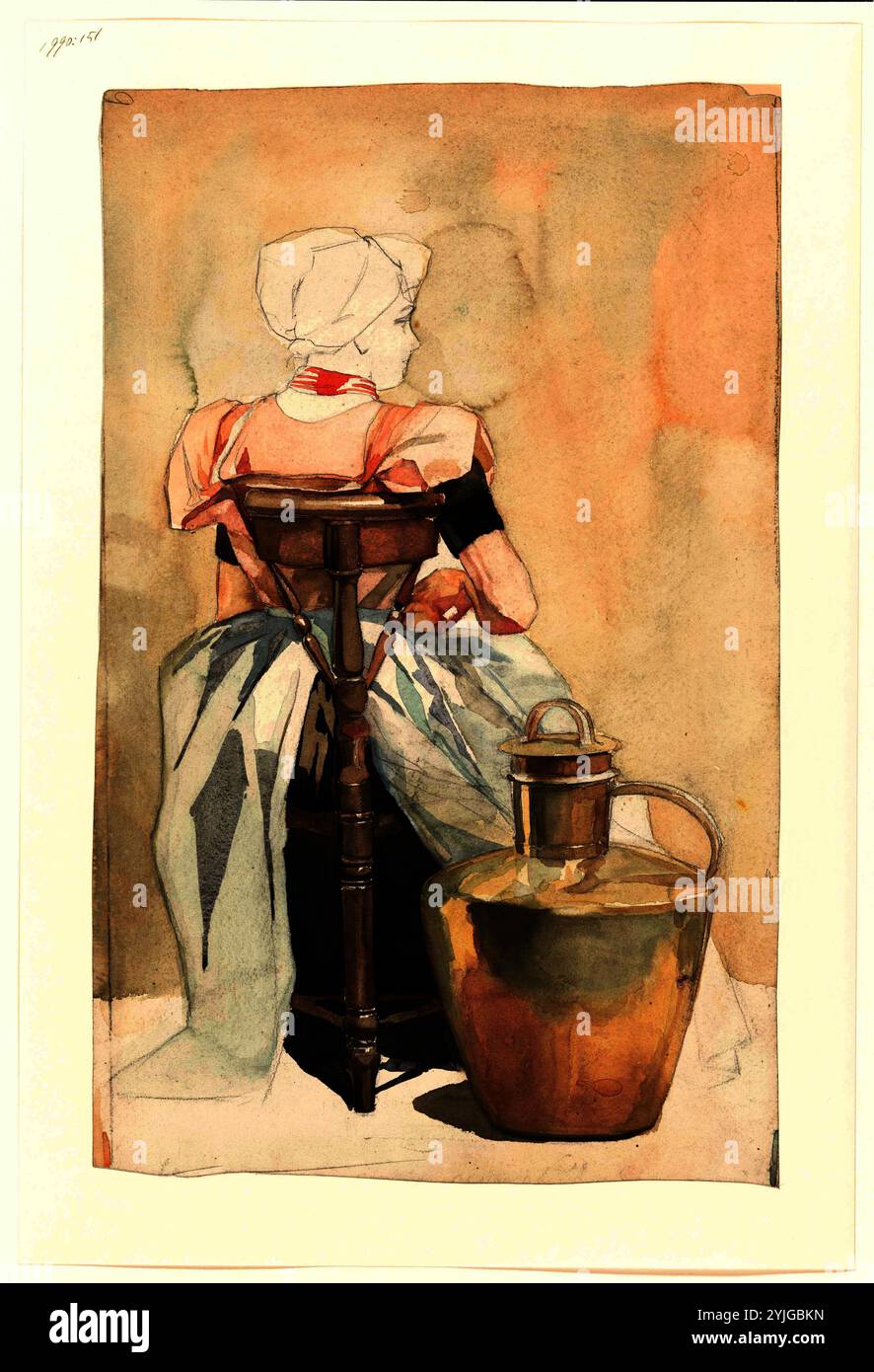 Sitting girl in traditional dress, seen from behind. Draughtsman: Johan ...