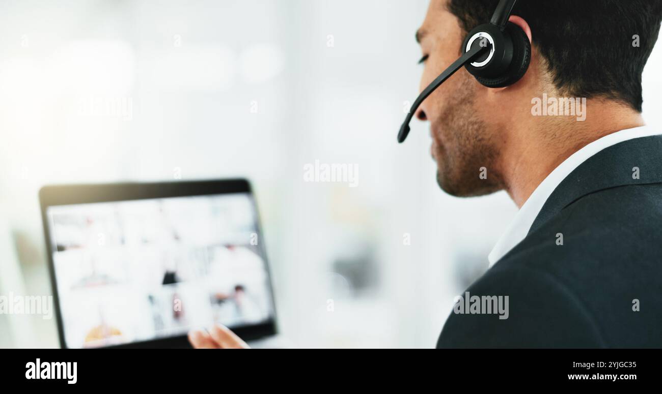 Webinar, microphone and business man with laptop in office for planning ...