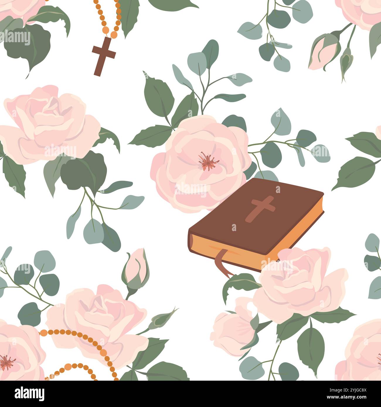 Vector background of first communion symbols. Bible, rosary, white ...