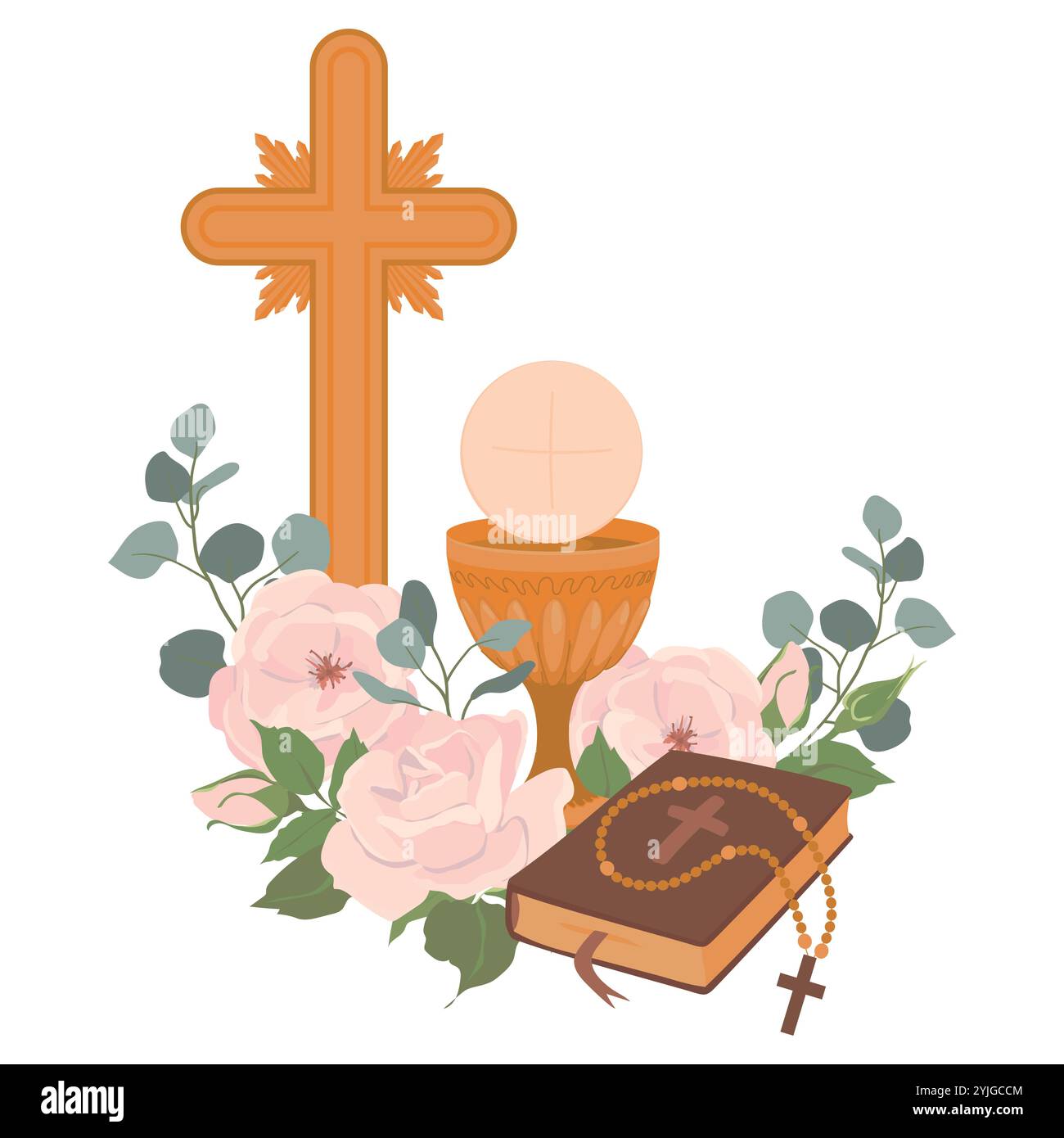 Symbols of the First Communion. Vector. Golden wine cup, Grail, bread ...