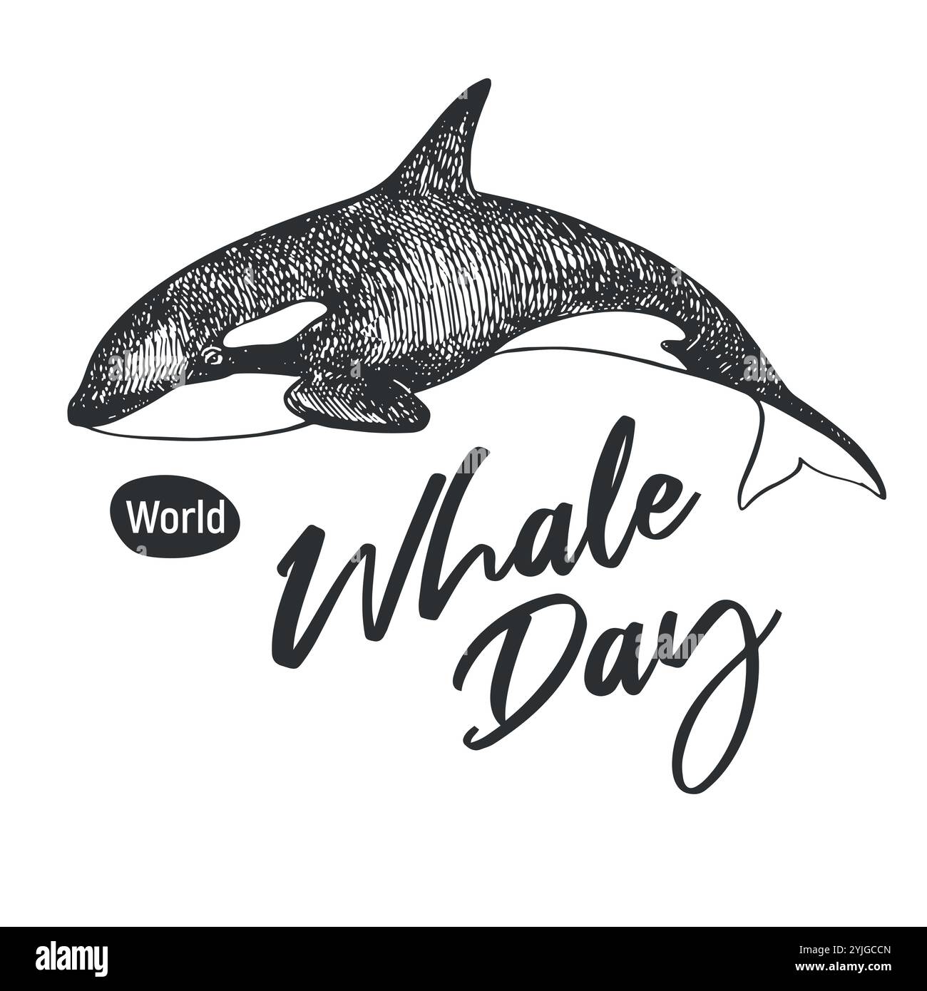 Whale Day emblem, February 19, 2025. Vector linear drawing of killer ...