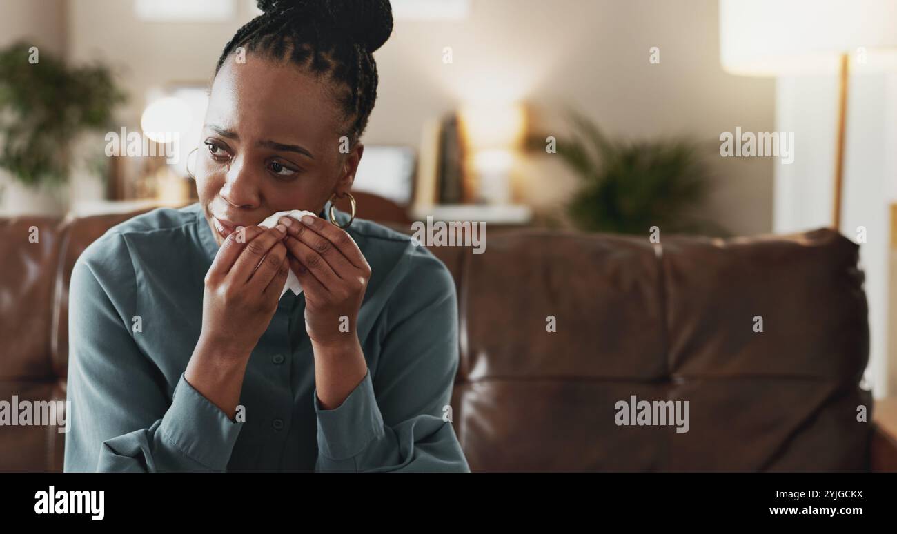 Crying, tissue and sad black woman with depression, thinking and ...