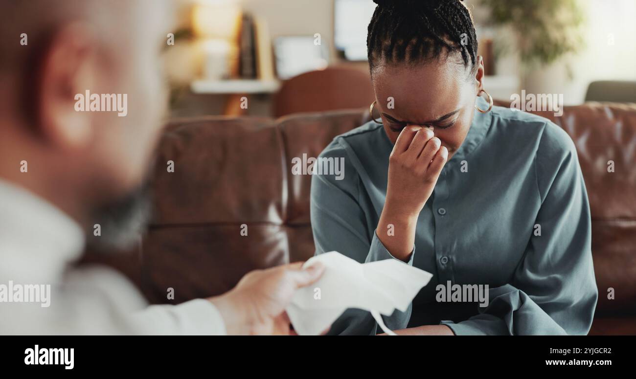 Psychologist, woman and crying in office, mental health and grief ...
