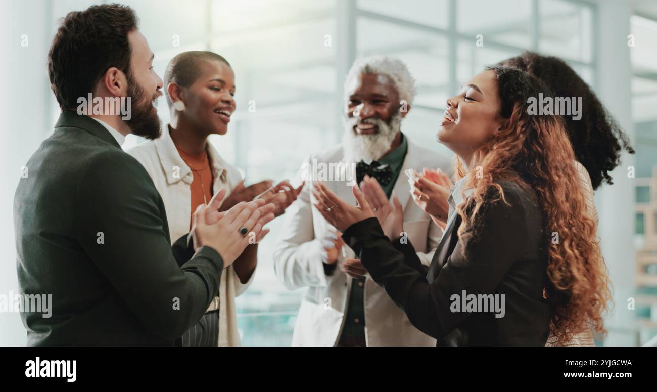 Business people, applause and celebration in office for goals, achievement or employee ...