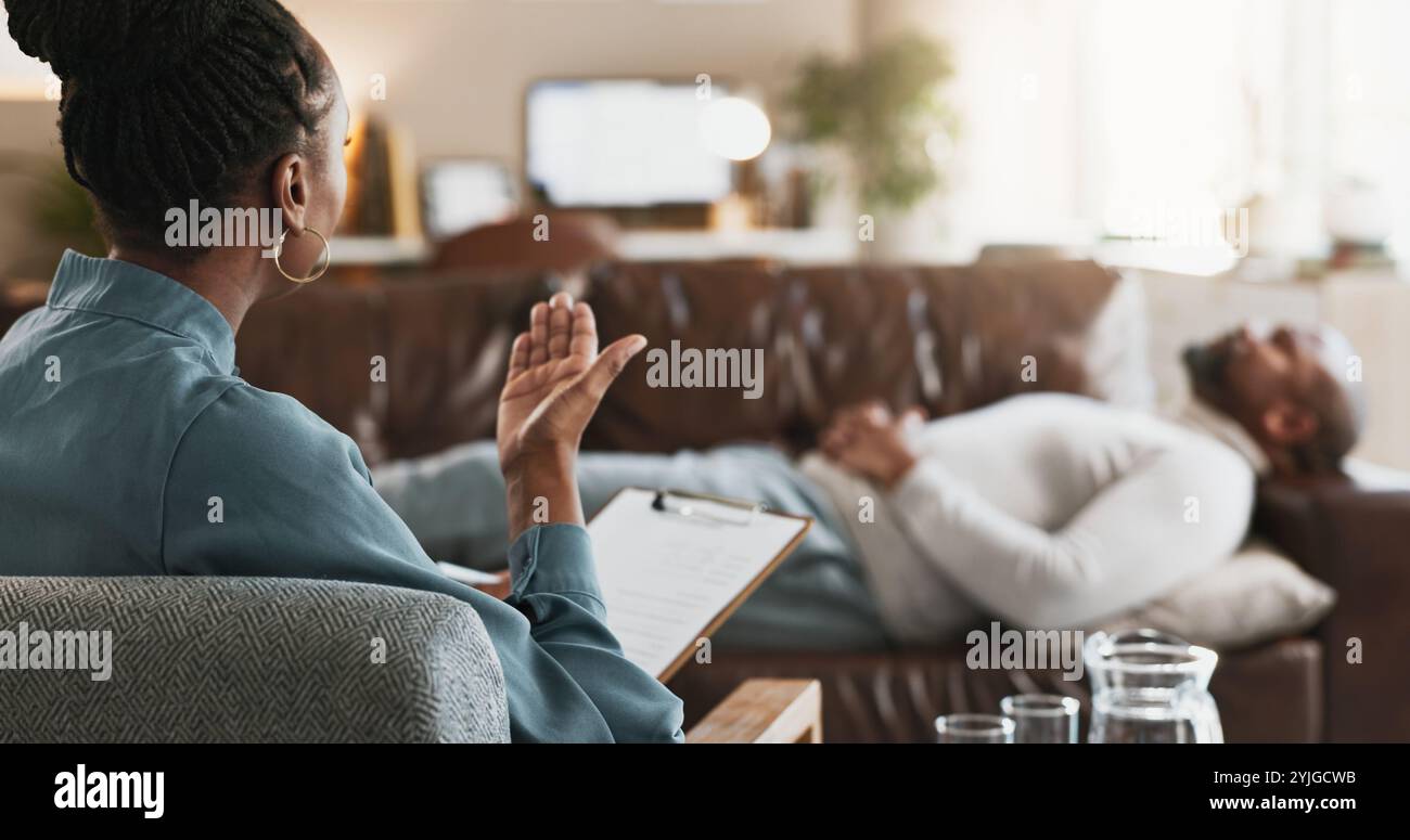 Patient, therapist and clipboard with sofa for counselling, therapy ...