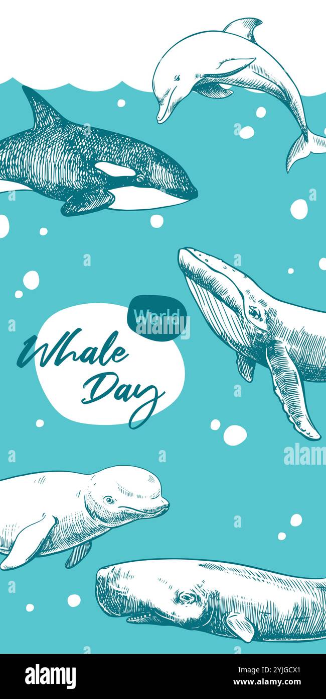 World Whale Day February 19. Vector vertical poster with cachalot ...