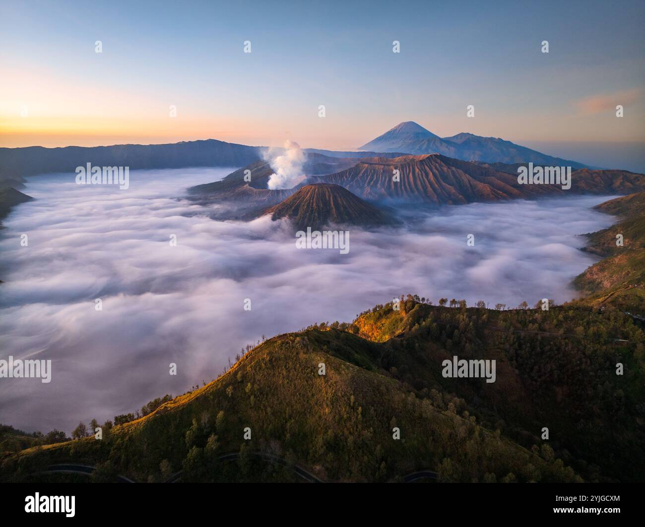 Aerial drone view of Bromo active volcano with Kingkong hill viewpoint ...